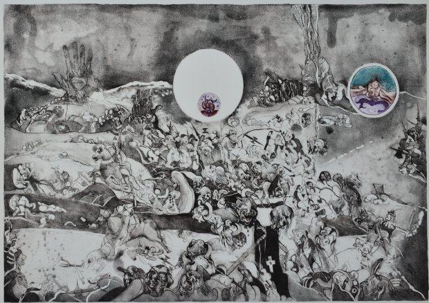 Virgilije Nevjestić Bitka mezotinta/bakropis/akvarel 70x50cm