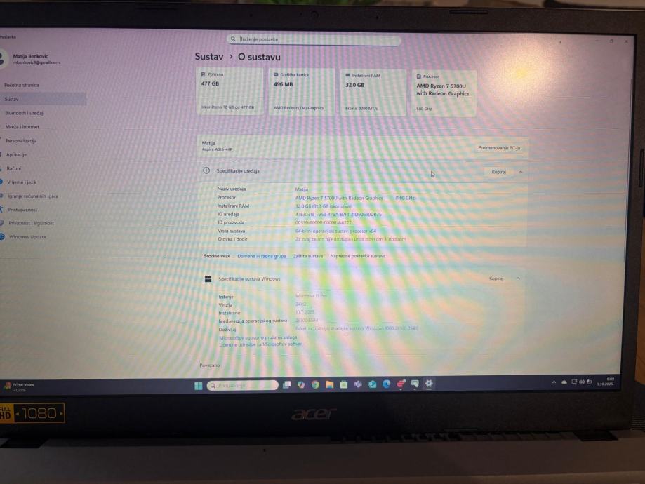 Acer AMD Ryzen 7 5700U 32GB RAM