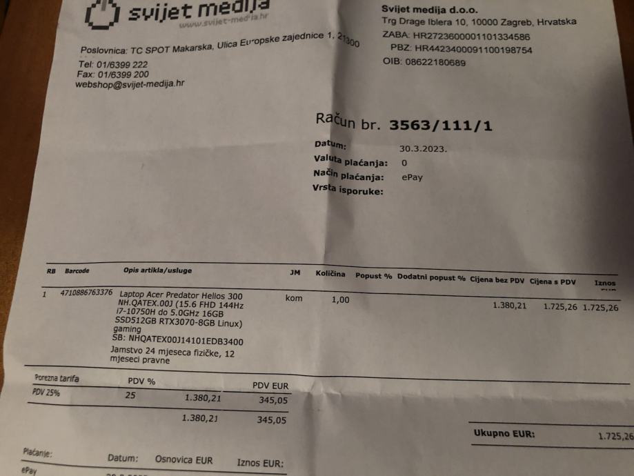 Acer Predator i7/rtx3070 star 2mj racun/garancija NOVO