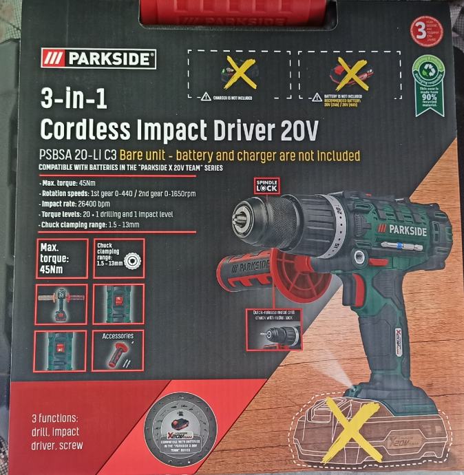 Aku udarna bušilica Parkside PSBSA 20 Li C3