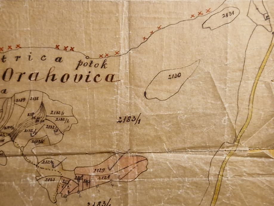 Jako stara ručno crtana mapa katastar Orahovica Čerinca Bosna