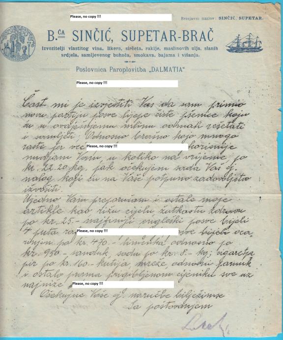 SUPETAR Brač - Bća SINČIĆ - Izvoz vina, likera stari račun iz 1900-tih