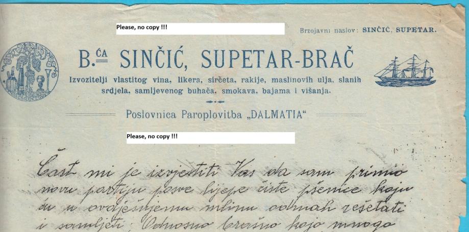 SUPETAR Brač - Bća SINČIĆ - Izvoz vina, likera stari račun iz 1900-tih