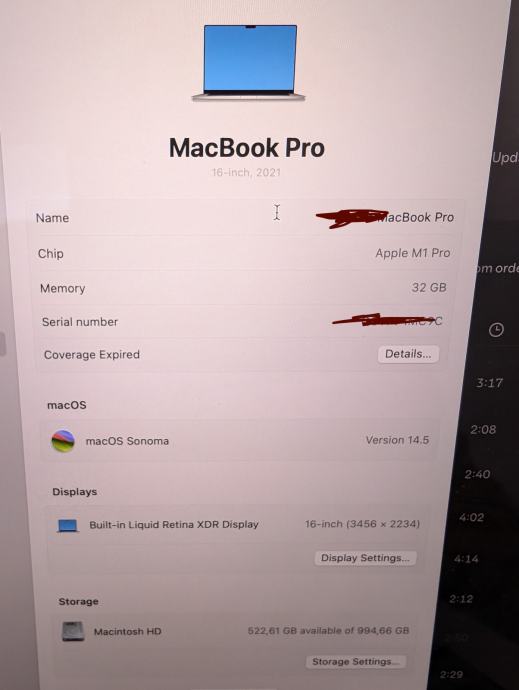 Apple Macbook Pro 16 M1 Pro, 32GB RAM, 1TB SSD