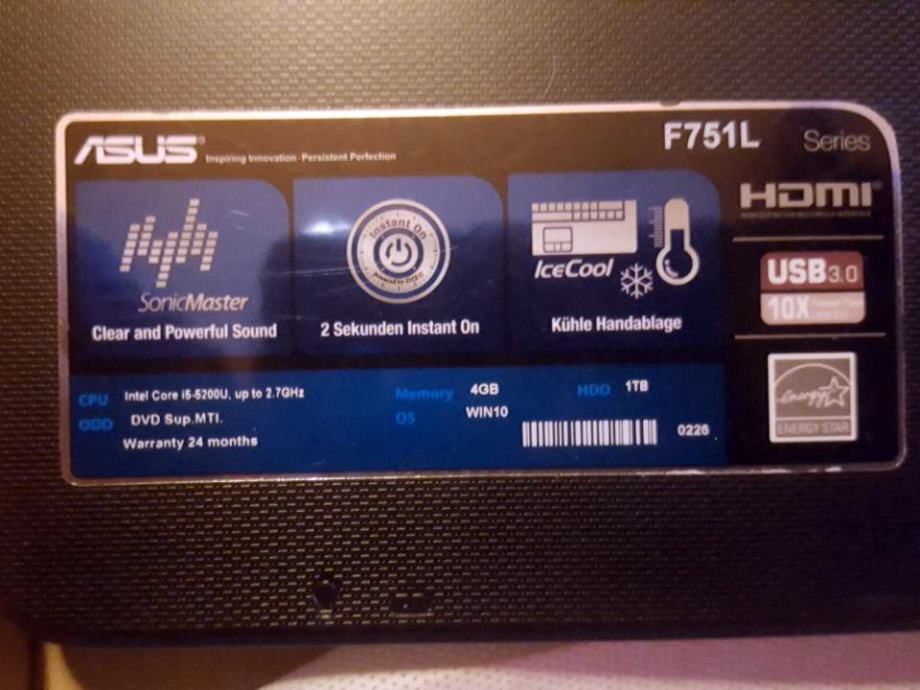 ASUS F751L 17,3 - KAO NOVI - i5-5200U, 8GB RAM, 1TB HDD, GF 920M 2GB