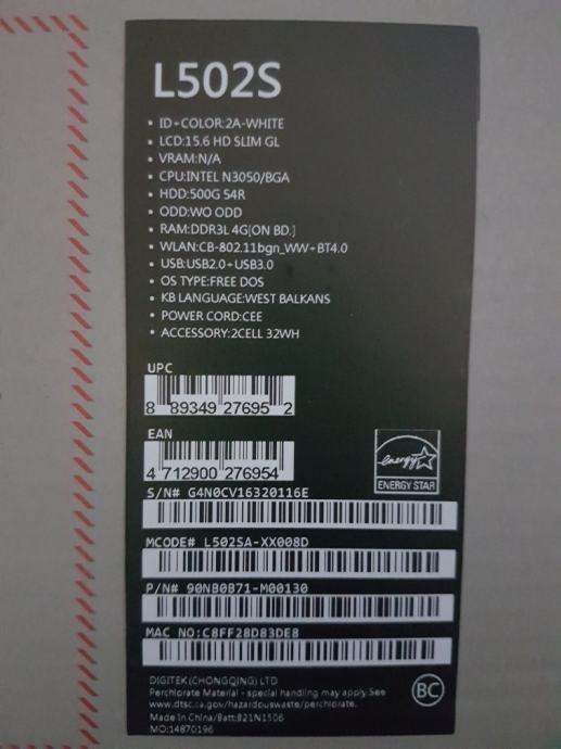 Asus laptop L502S bijeli