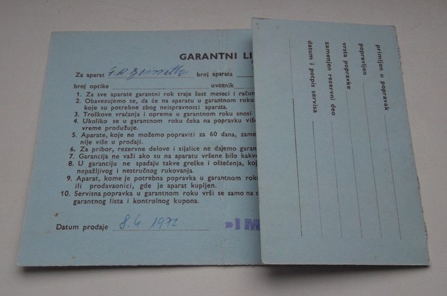 GARANTNI LIST ZA FOTOAPARAT BEIRETTE