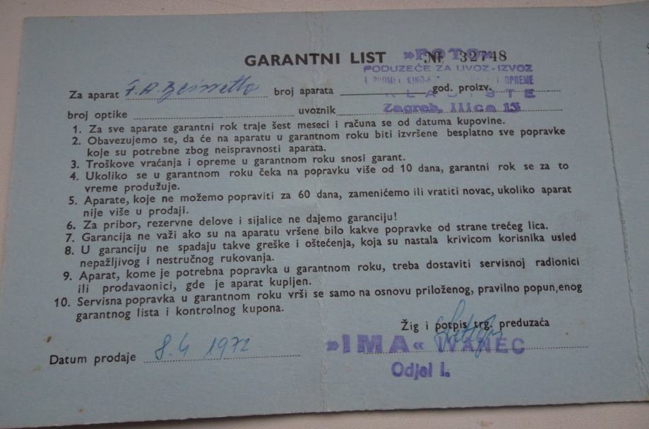 GARANTNI LIST ZA FOTOAPARAT BEIRETTE