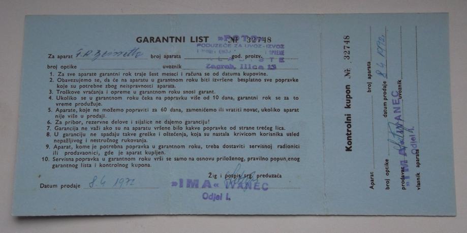 GARANTNI LIST ZA FOTOAPARAT BEIRETTE