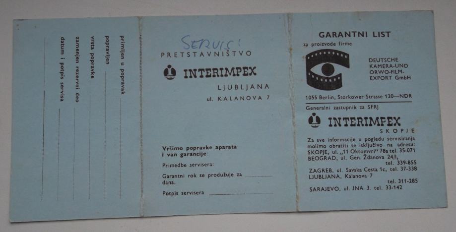 GARANTNI LIST ZA FOTOAPARAT BEIRETTE