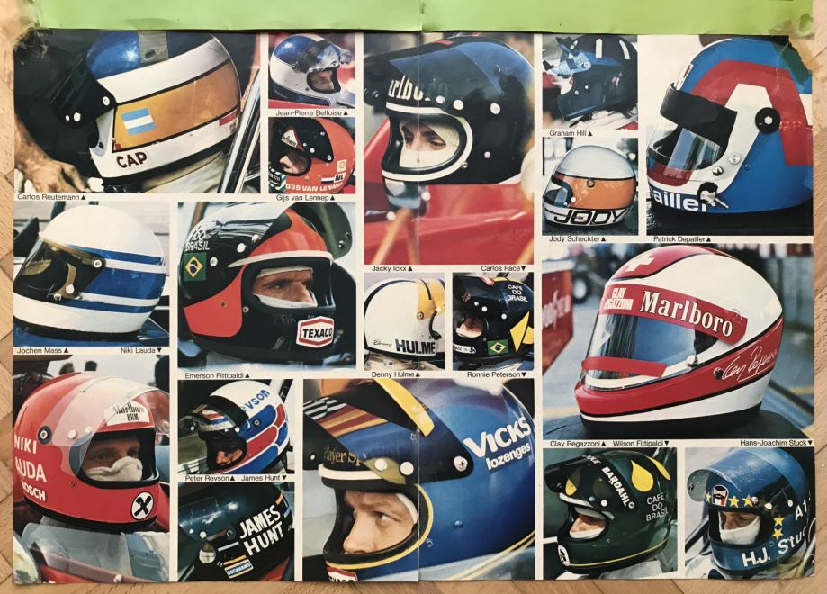 2 poster A3 iz auto časopisa = F1 bolidi 1974. + kacige pilota F1 1973