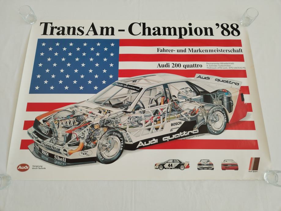 ORIGINALNI PLAKAT POSTER AUDI 200 TRANS AM CHAMPION iz 1988.g. 84x60cm