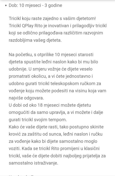 Prodajem tricikl Q play, model Rito rubber, sivi