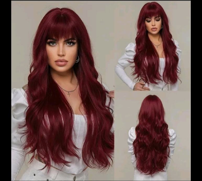Perika nova duga tamno crvena valovita sa šiškama prirodan izgled kose