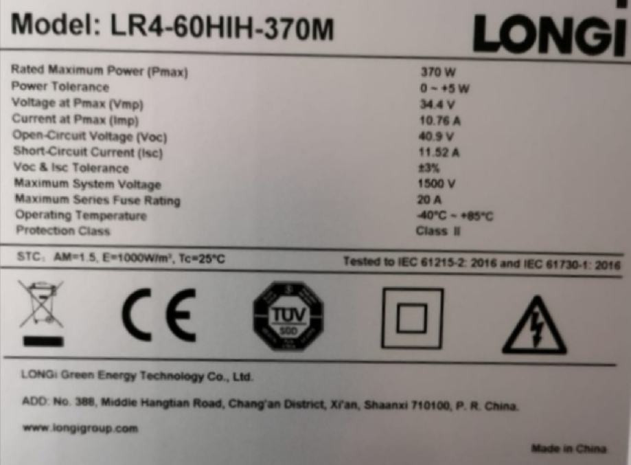 Solarni panel LONGi 370W. Model LR4-60HIH-370M 1755x1038x35