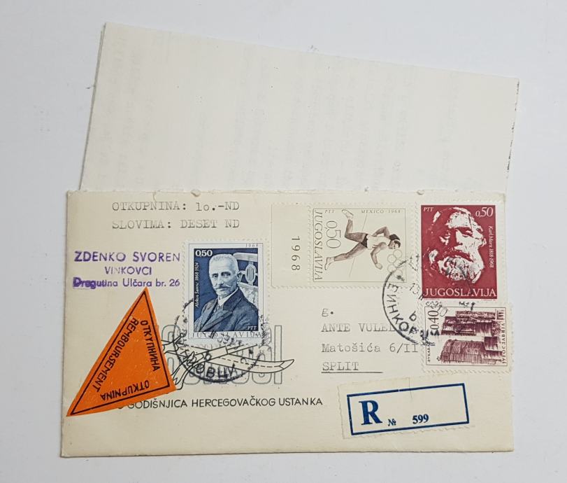 KOVERTA I PISMO (FILATELISTA) iz 1968. g.