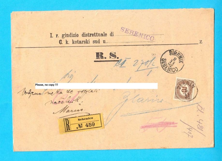 ŠIBENIK (Sebenico) staro preporučeno pismo putovalo 1902.g. u Zlarin