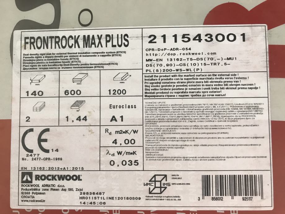 Vuna za fasadu Rockwool Frontrock Max Plus 40 m2 12cm