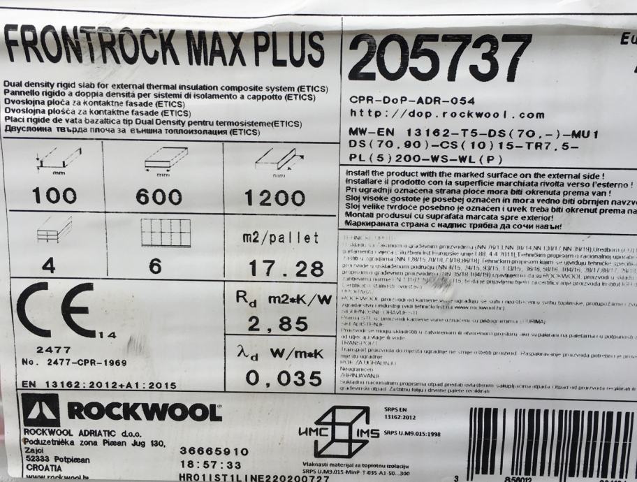 Rockwool FRONTROCK MAX PLUS kamena vuna u pločama debljine 8 i 10 cm