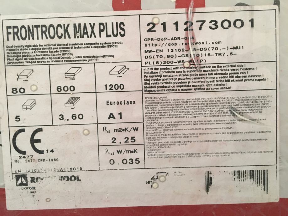 Rockwool FRONTROCK MAX PLUS kamena vuna u pločama debljine 8 i 10 cm