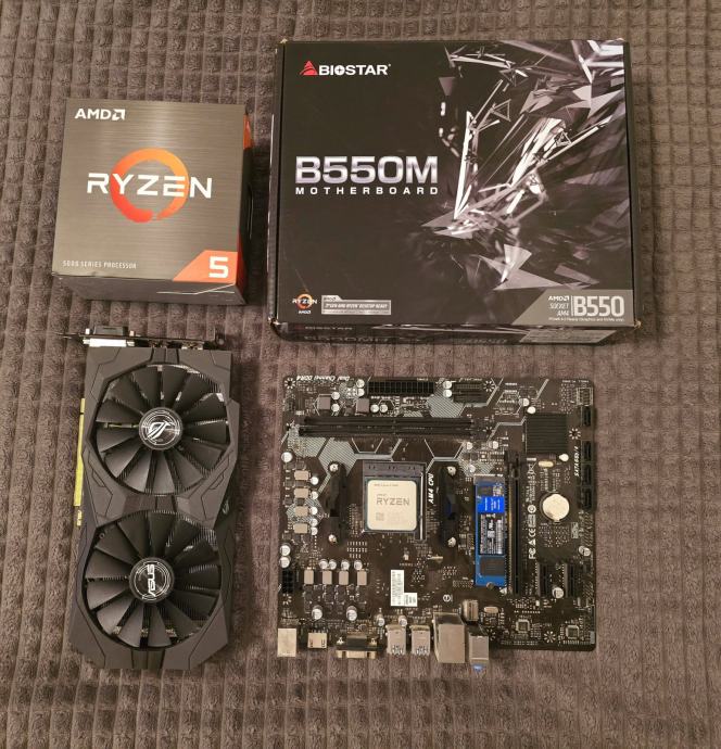 ASUS GTX 1050 Ti 4GB, AMD Ryzen 5 5600, Biostar B550MH, WD Blue SN550.