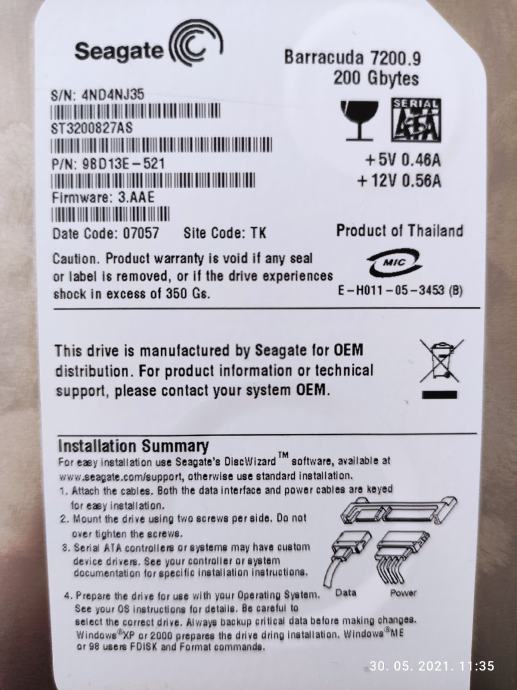 HDD Hard disk 200 GB SATA 7200 rpm Seagate (SPLIT)