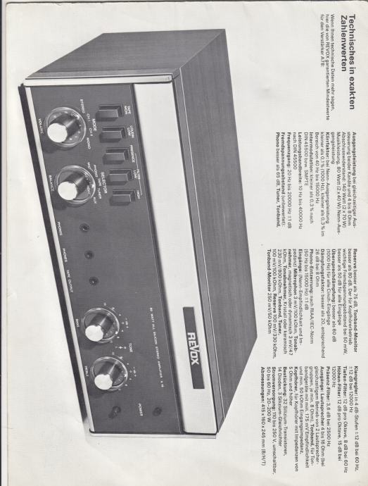 REVOX A76 TUNER A77 MAGNETOFON A78 POJAĆALO KATALOG TEHNIČKE KARAKTERI