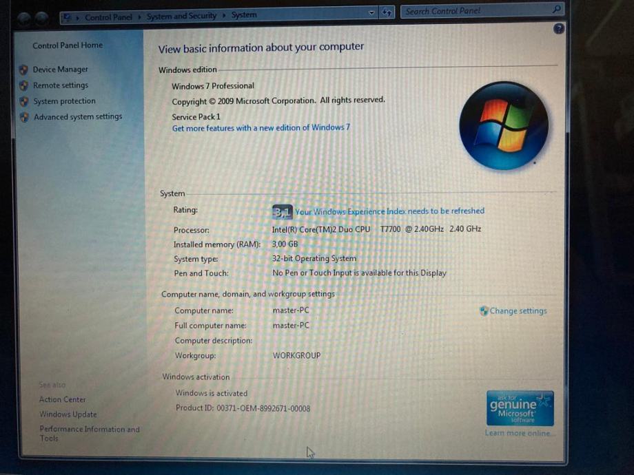 HP Compaq 6710s Intel Core2 Duo T7700 @ 2.4GHz, Windows 10