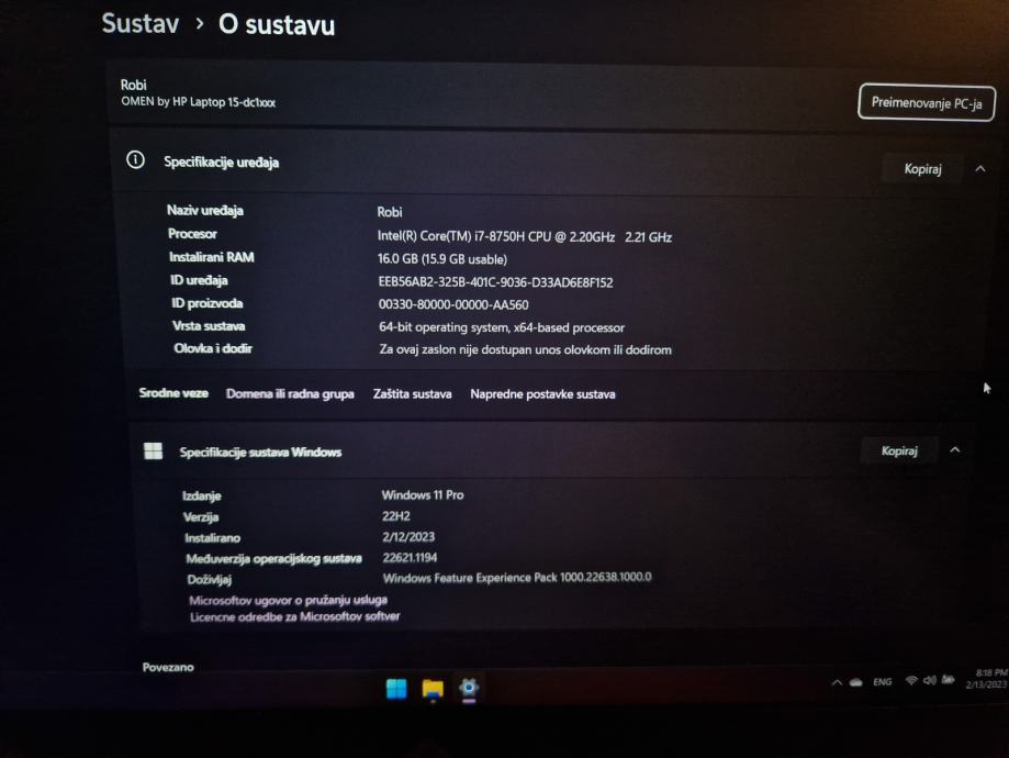 HP Omen 15, i7 8750H, RTX 2060 6GB, 16GB Rama, 700GB SSD, Windows 11