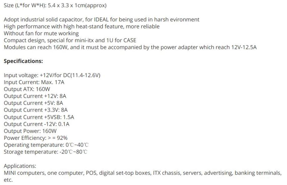 ATX Switch PSU Car Auto 24Pin 160W for Dc 12V Pico Mini ITX High Power