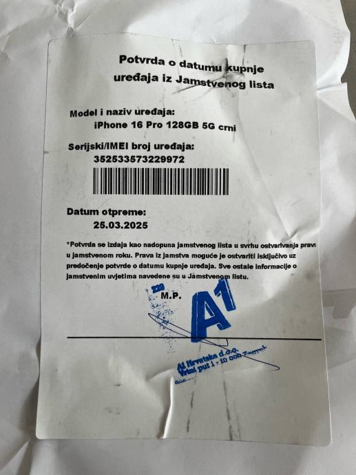 IPhone 16 pro 128 gb potpuno novo nekorišteno, racun