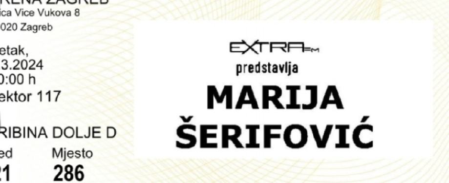 2 ULAZNICE ZA KONCERT MARIJE ŠERIFOVIĆ, ARENA ZAGREB, 8.3.2024.