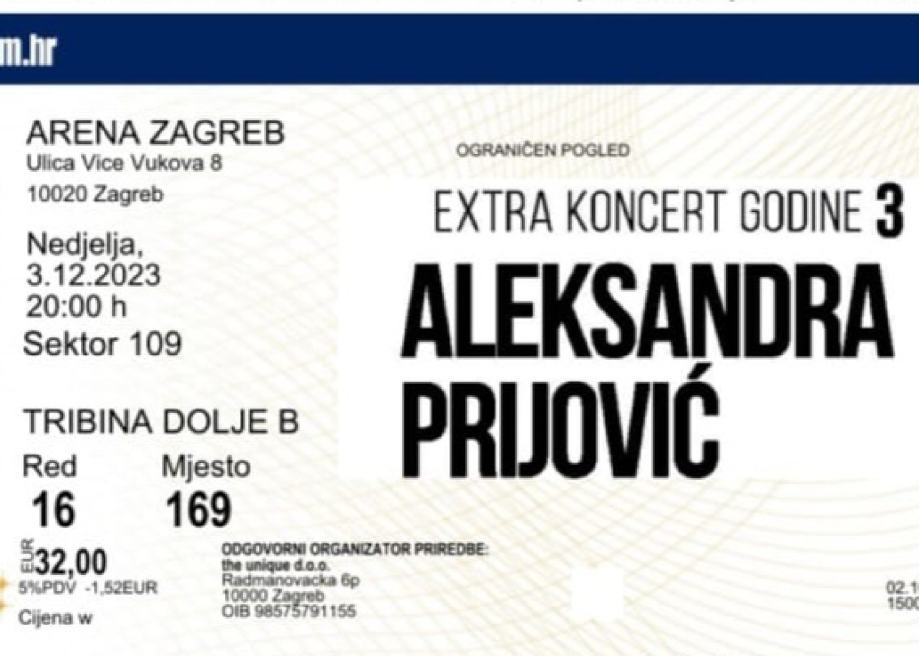 Aleksandra Prijović Arena Zagreb karte. 3.12.2023. **ODLIČNA MJESTA**