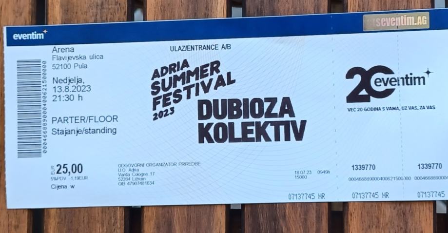 Karta za koncert DUBIOZA KOLEKTIV, Pula 13.08.2023.