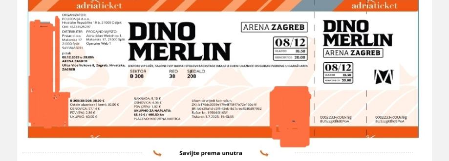 Prodajem 2 ulaznice za prvi koncert Dine Merlina Arena Zagreb 8.12.