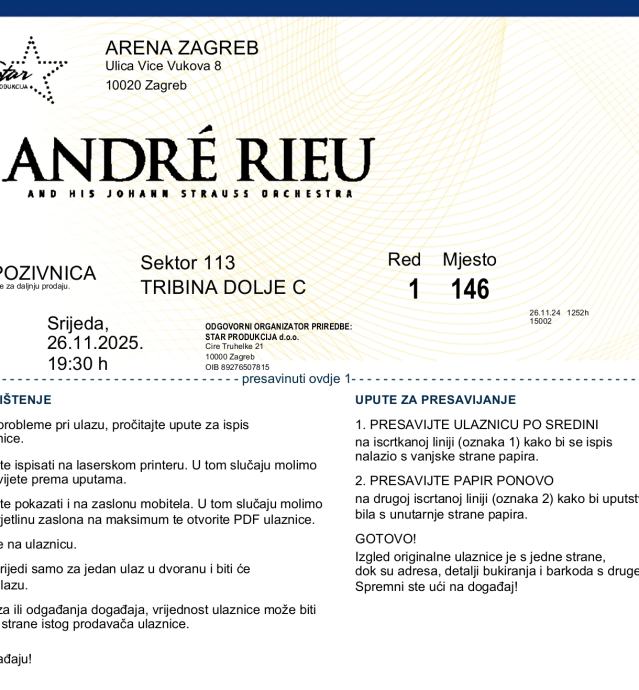Prodajem 3 karte za koncert Andre Rieu