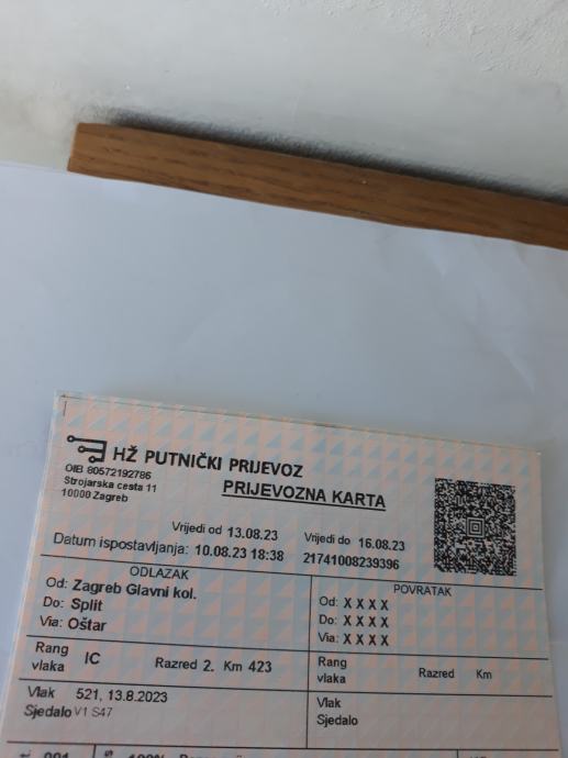 Karta za vlak Zagreb- Split