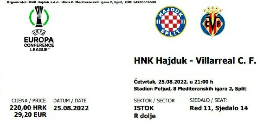 2 ulaznice Hajduk Villarreal