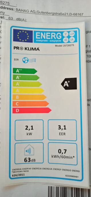 Mobilna Klima na daljinski, Proizvodjac:PROKLIMA, Model: Purity