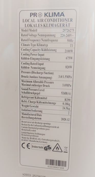 POVOLJNO - Proklima Mobilni klima uređaj Purity 7.000 rabljena