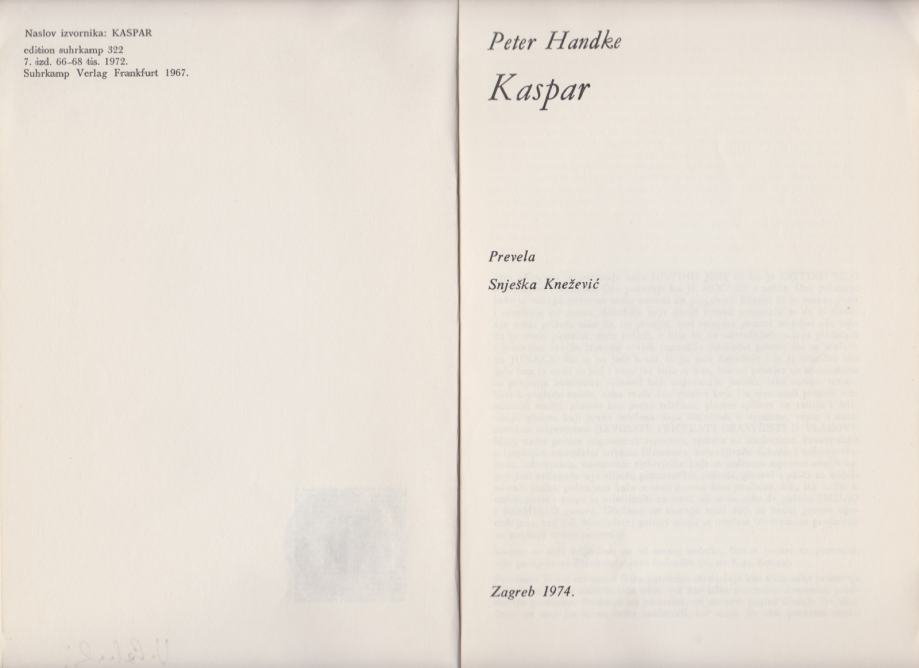 Peter Handke: Kaspar, DHKP, Zagreb 1974.