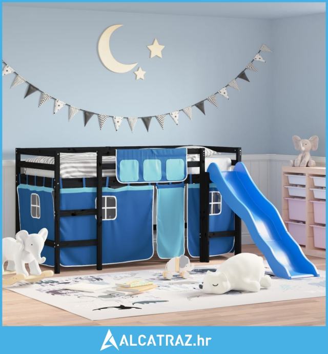 Dječji krevet na kat i zavjese plavi 90x200 cm borovina - NOVO