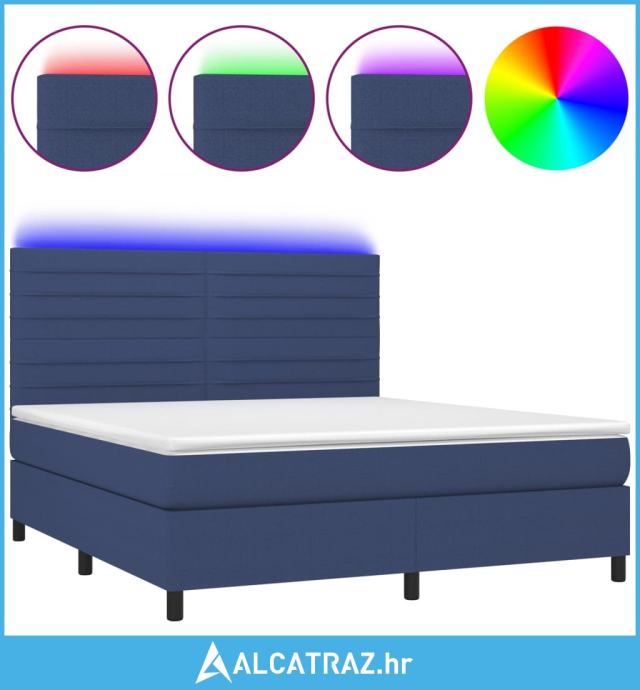 Krevet box spring s madracem LED plavi 180x200 cm od tkanine - NOVO