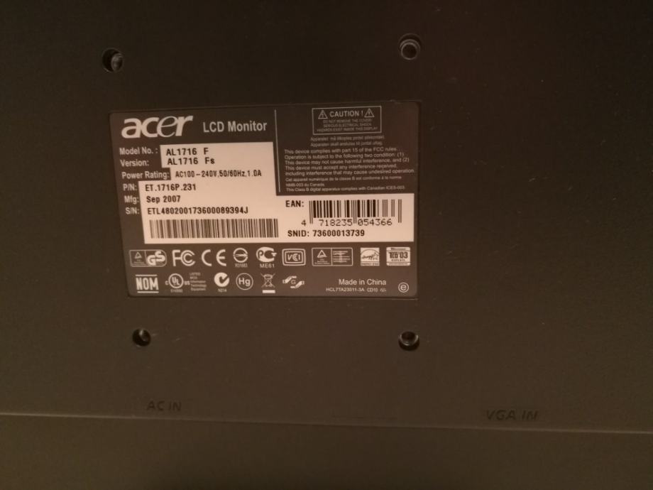PRODANO!!! ACER AL1716 LCD TFT MONITOR