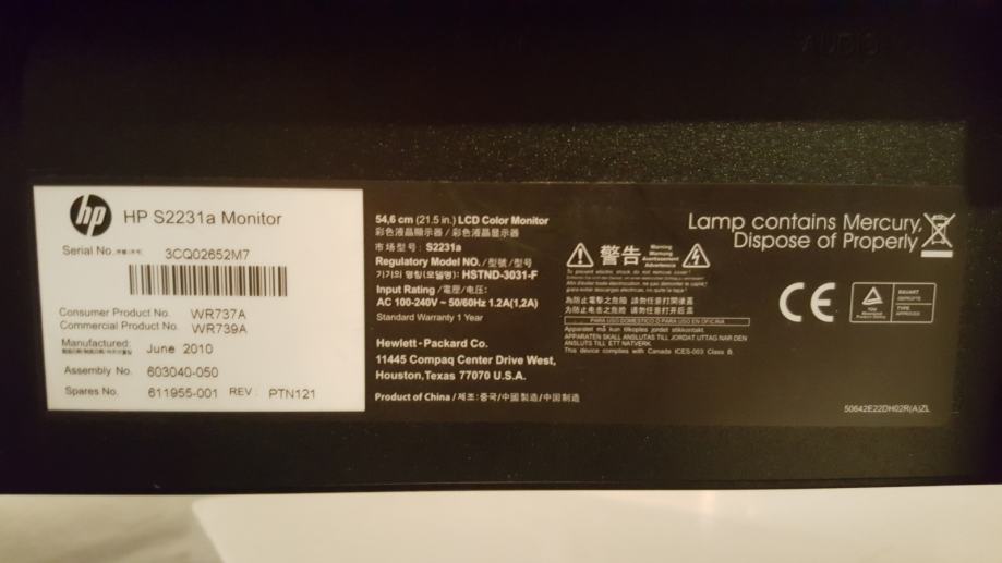 HP S2231a Monitor 21.5 - neispravan/za dijelove