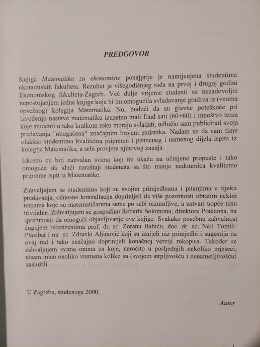 Matematika za EKONOMISTE - Boško ŠEGO / Urednik : Zoran BABIĆ