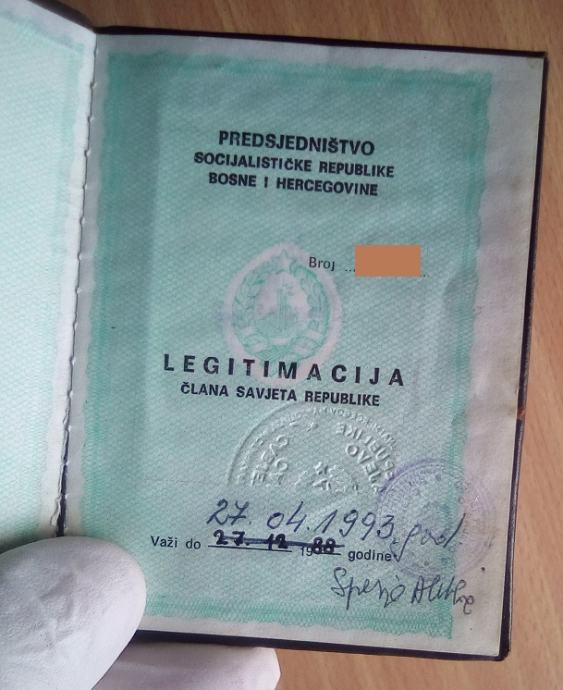 Legitimacija člana Predsjedništva SR BiH (SFRJ) iz 1983 god.