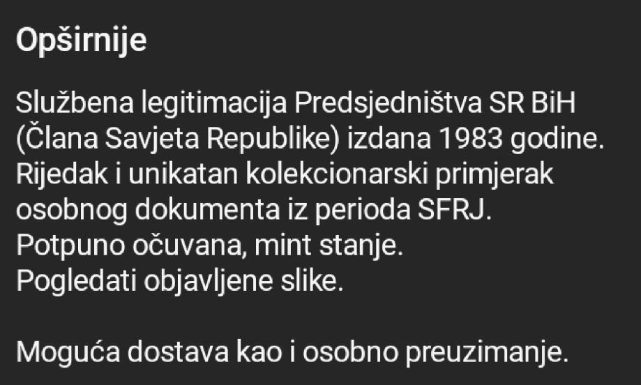 Legitimacija člana Predsjedništva SR BiH (SFRJ) iz 1983 god.