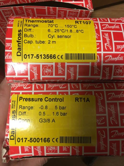 Danfoss termostat RT107, dif presostat RT1A, špula/Ex coil 11W