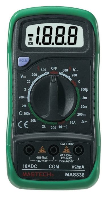 MASTECH MAS838 DMM 15mmLCD-1999 AC/DC U,I,R,dt,°C Gumi-Oklop